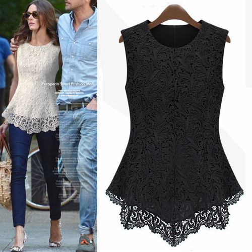 Fashion O Neck Sleeveless Irregular Solid Black Lace Blouse Blouses