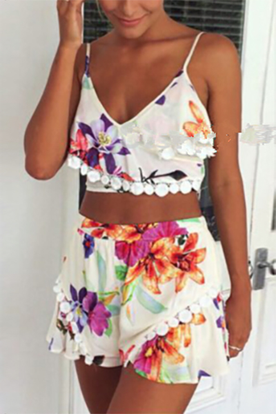 Fashion Spaghetti Strap Sleeveless Floral Printed Laciness Decorative