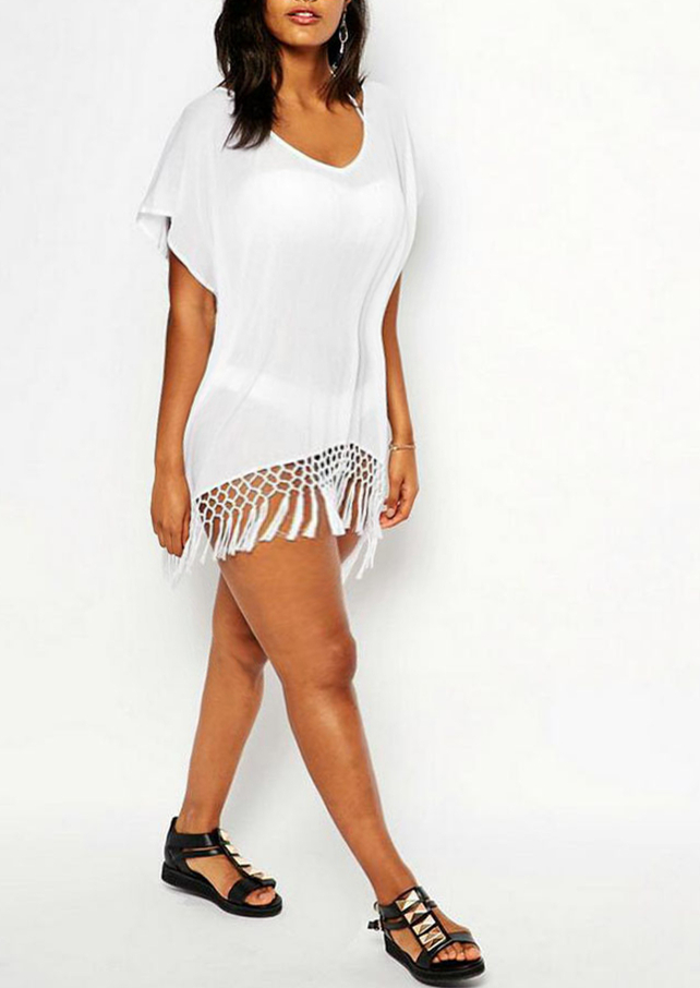 Trendy V Neck Short Sleeves Tassel Design White Chiffon Cover Ups Cover