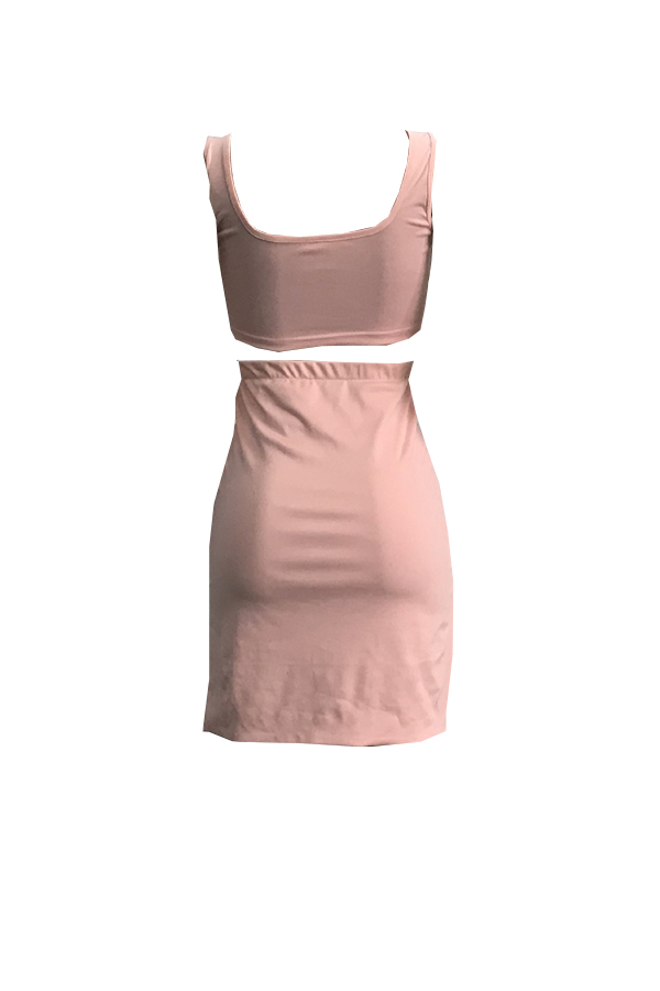 Lovely Trendy U Neck Side Slit Khaki Twilled Satin Two Piece Skirt Set