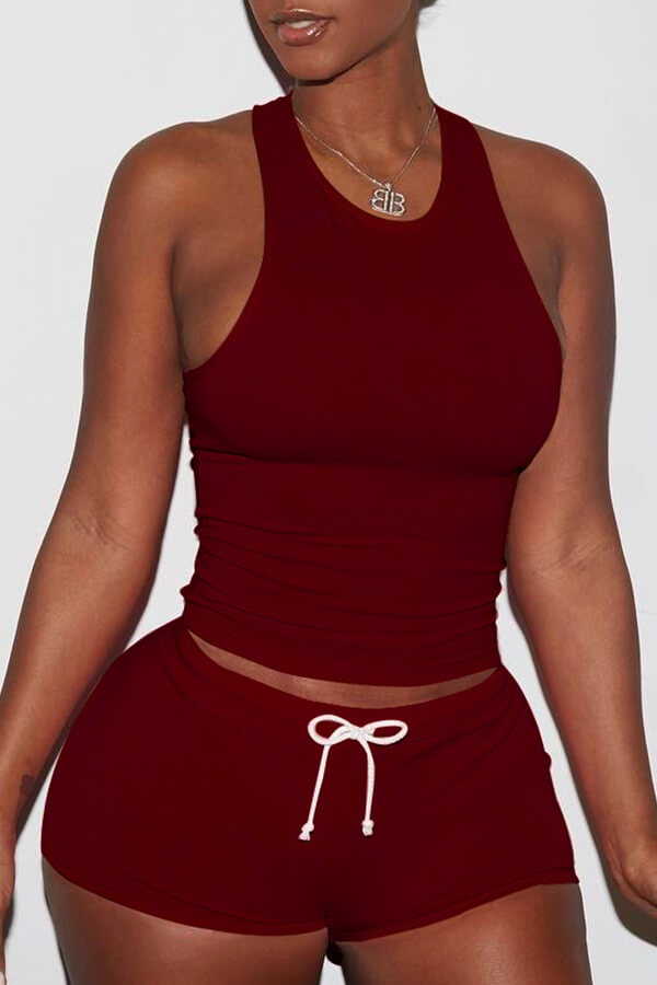 Lovely Casual Sleeveless Wine Red Two-piece Shorts Set Sale ...