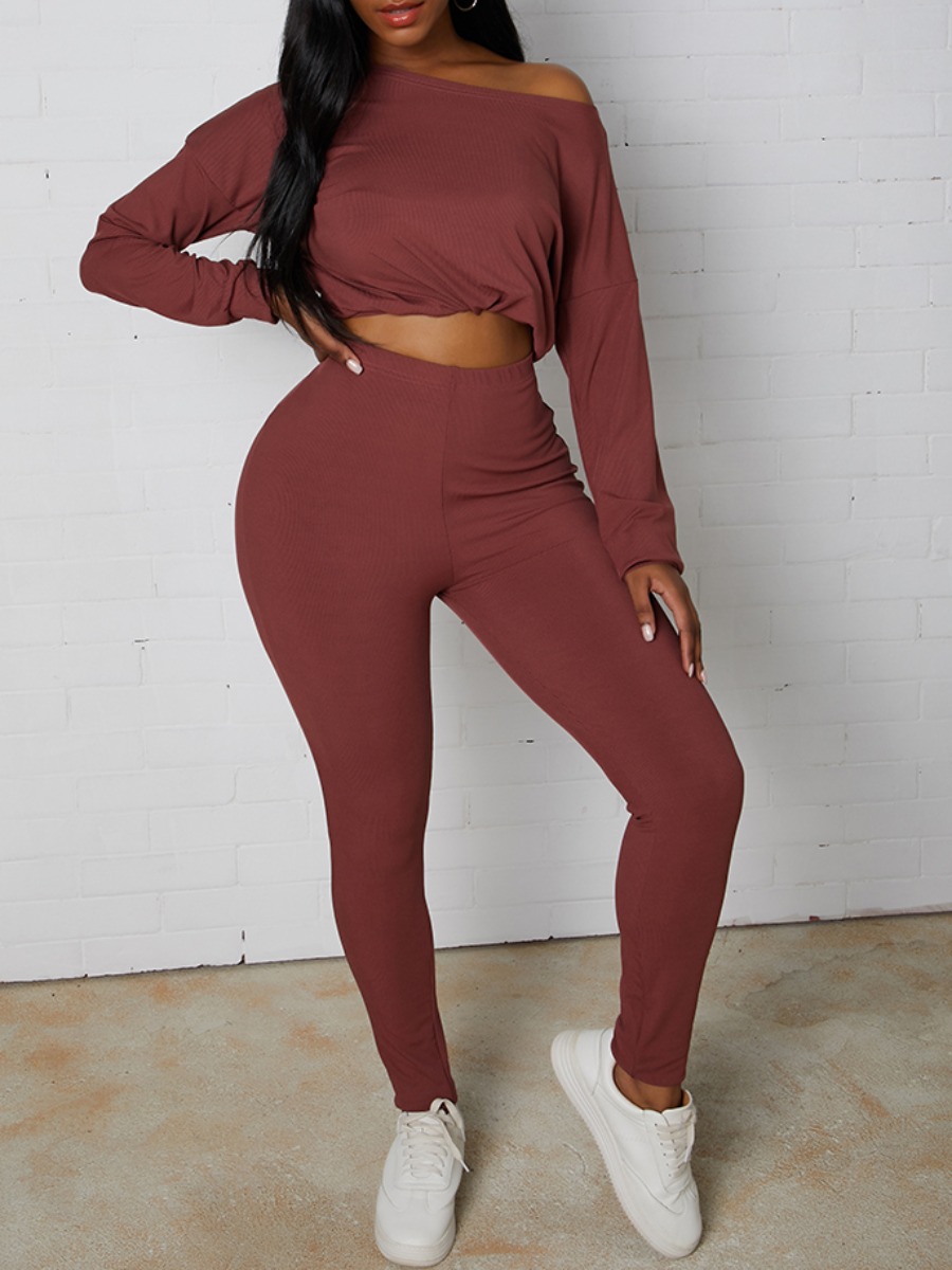 lovely Casual Basic Coffee Two Piece Pants Set Sale | LovelyWholesale
