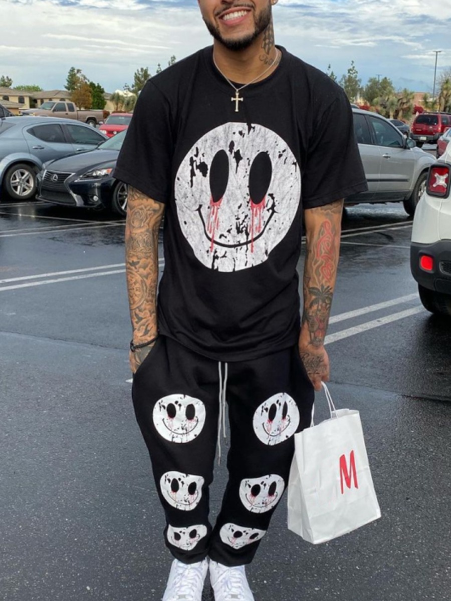 Lovely Men Street Smiley Face Print Drawstring Black Two Piece Pants ...