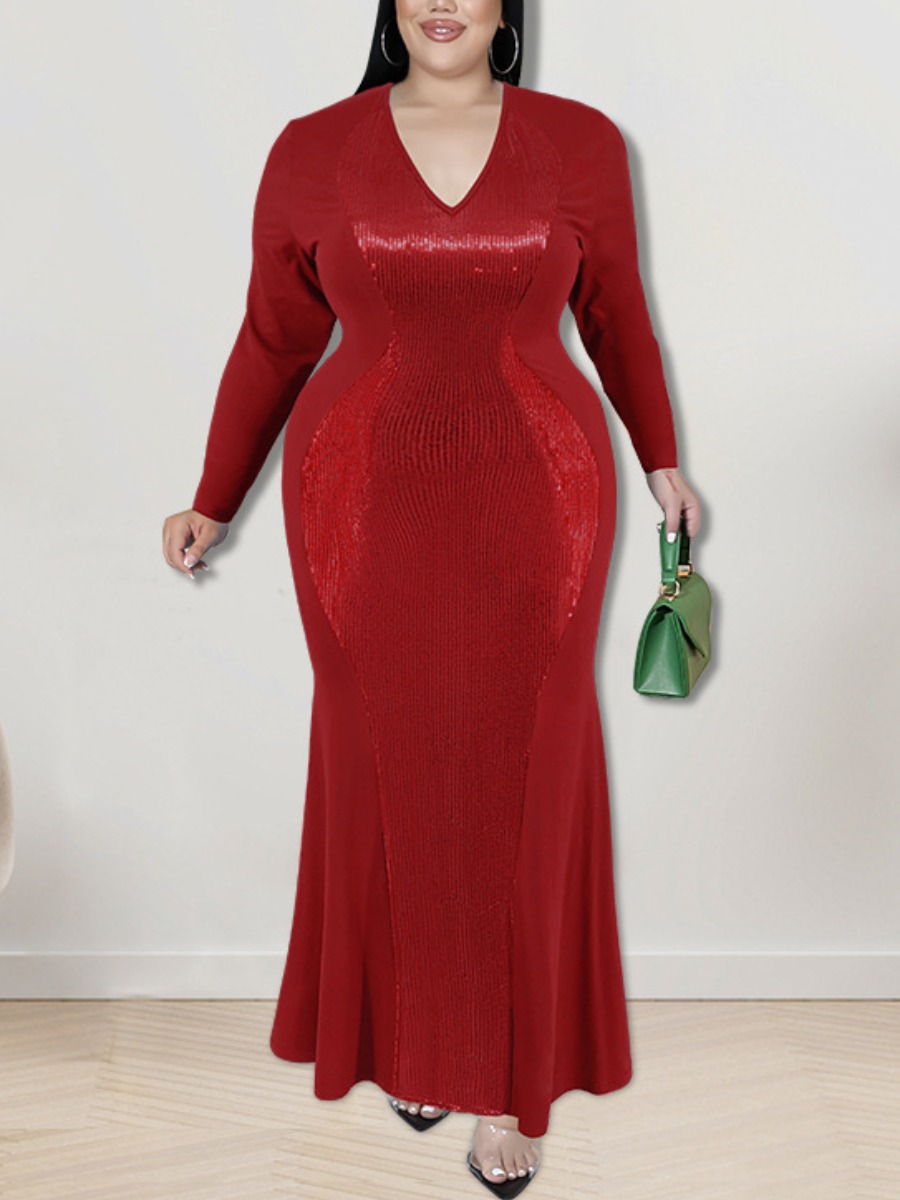 LW Plus Size V Neck Sequined Mermaid Dress Sale | LovelyWholesale