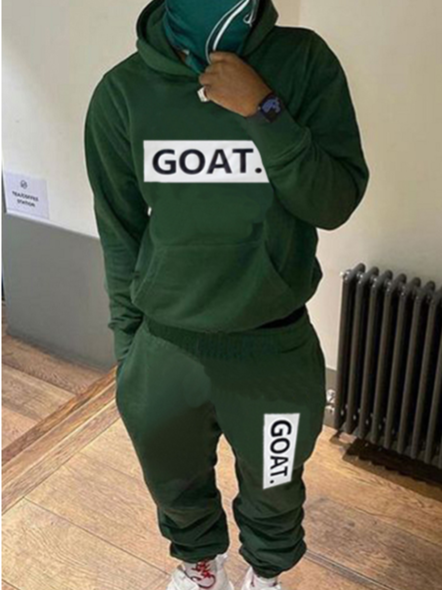 LW Men Goat Letter Print Kangaroo Pocket Tracksuit Set Sale ...