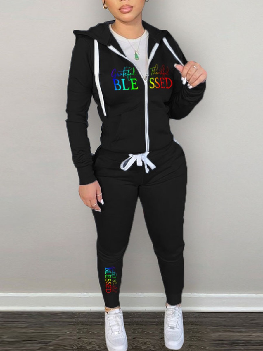 LW Hooded Collar Gradient Letter Print Tracksuit Set Sale | LovelyWholesale
