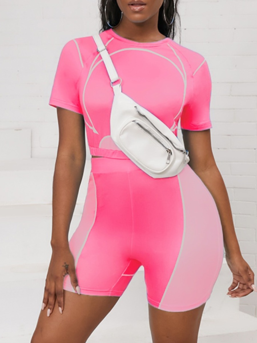 LW Sporty Round Neck Striped Watermelon Red Two Piece Shorts Set Sale ...