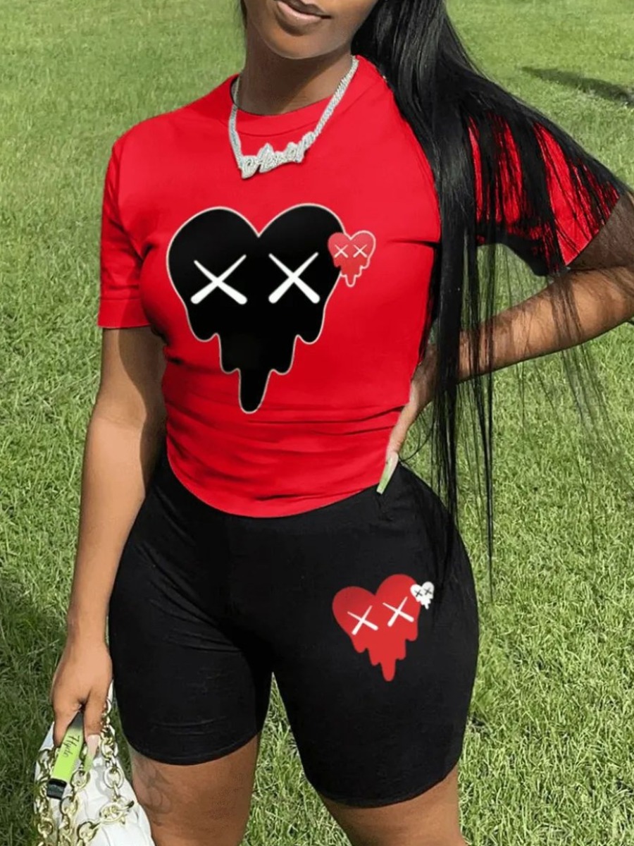 LW Heart Print Skinny Stretchy Shorts Set Sale | LovelyWholesale