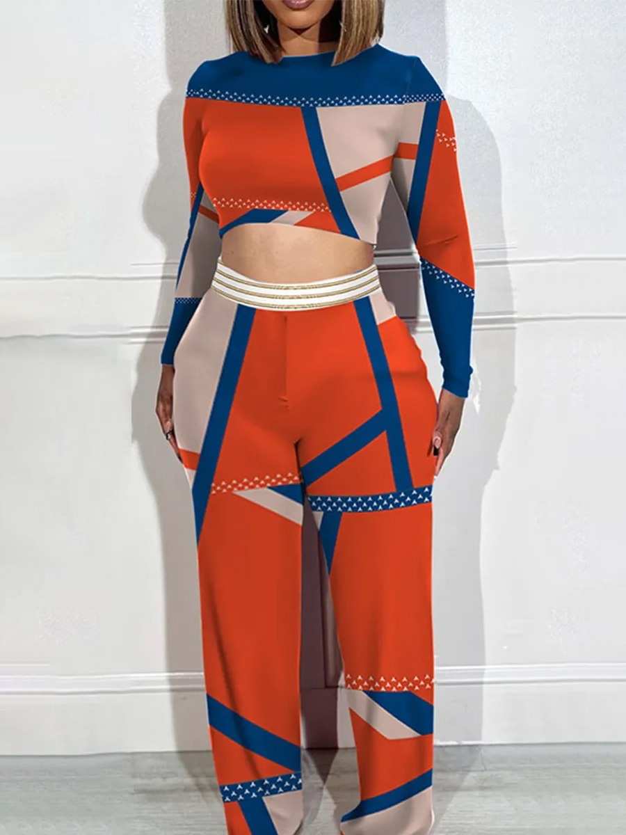 LW Crop Top Geometric Print Patchwork Pants Set Sale | LovelyWholesale