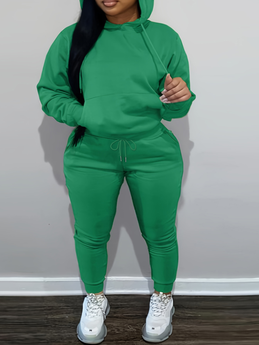 LW BASICS Plus Size Hooded Collar Kangaroo Pocket Tracksuit Set Sale ...